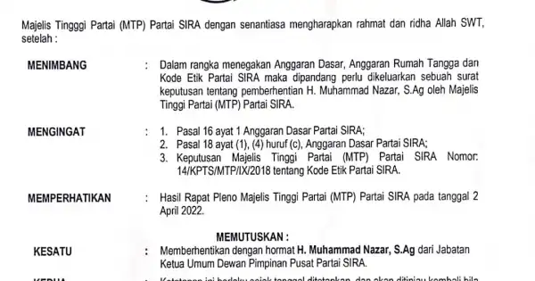 MTP SIRA Berhentikan M Nazar dari Ketua Umum Partai SIRA