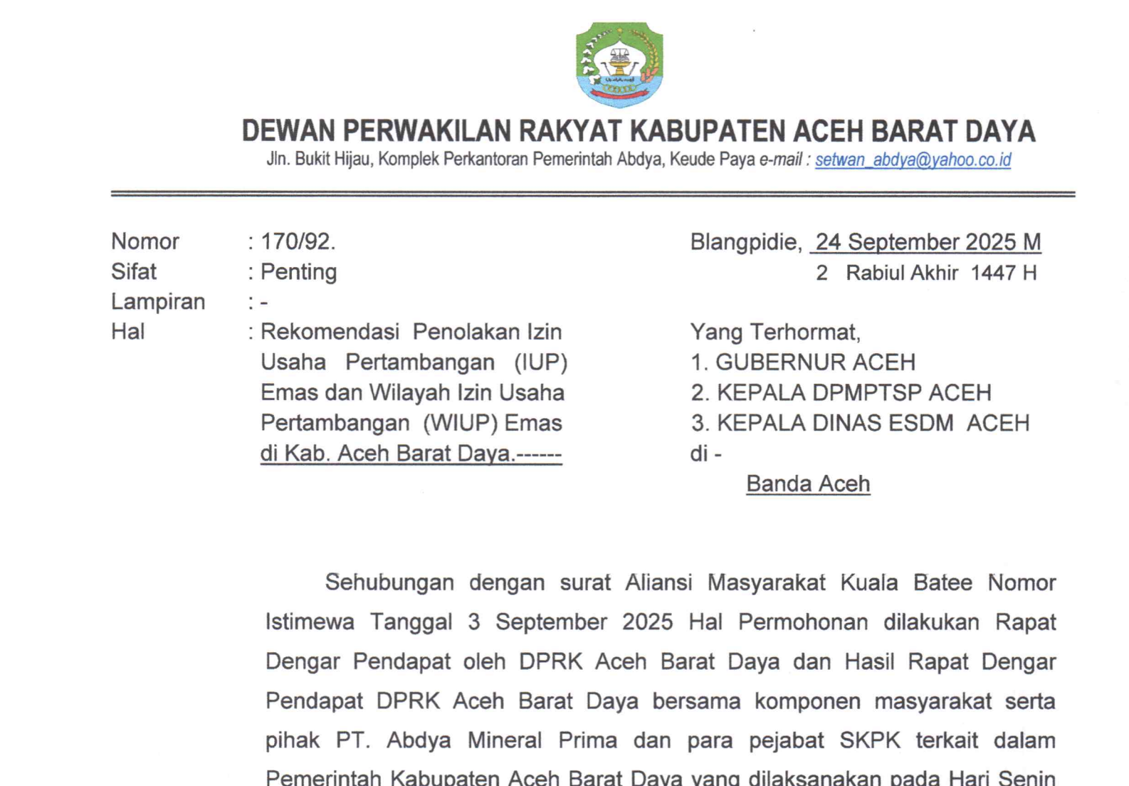 Tolak Tambang Emas di Kuala Batee, DPRK Abdya Surati Gubernur Aceh ...