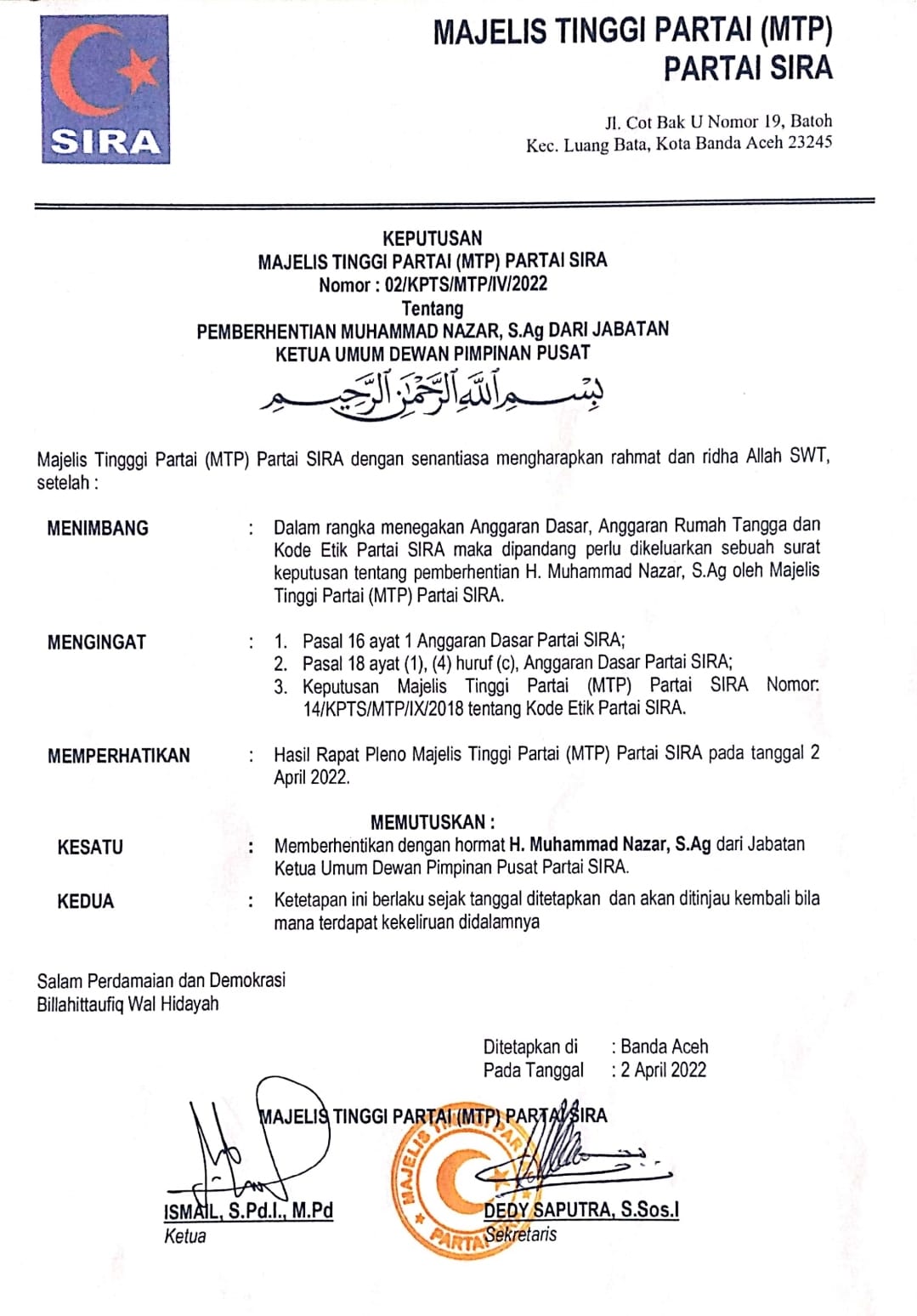 MTP SIRA Berhentikan M Nazar dari Ketua Umum Partai SIRA